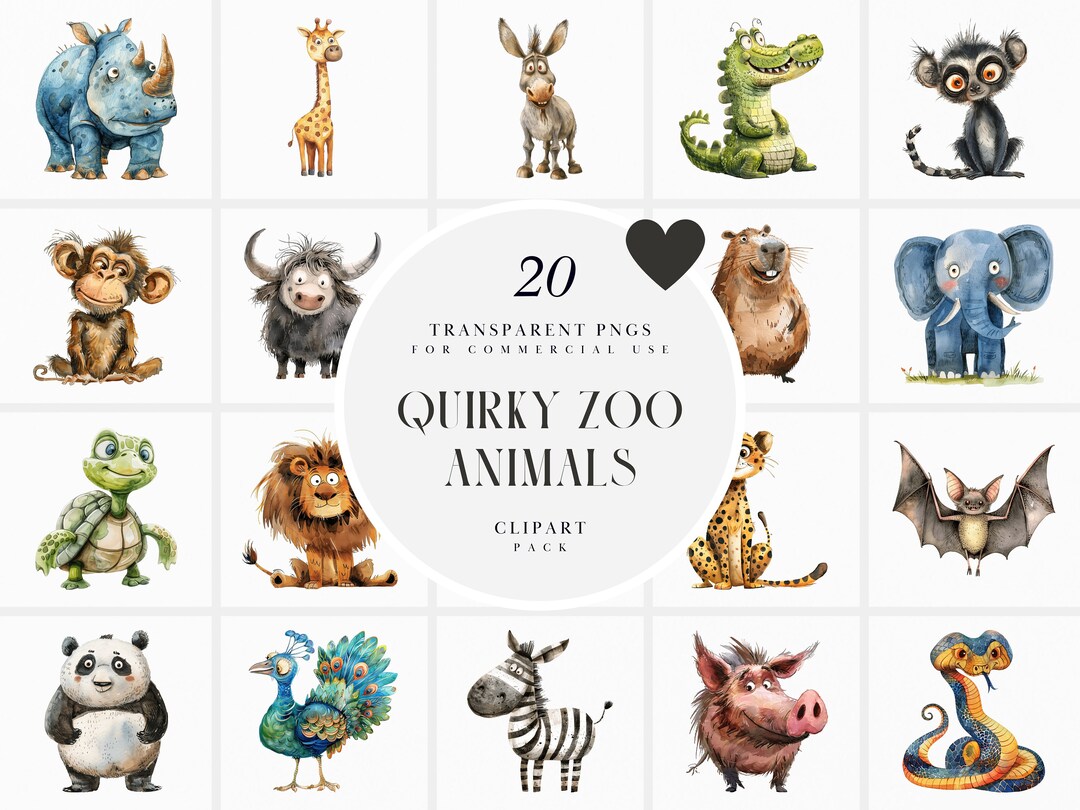 Watercolor Quirky Zoo Animals Clipart, Cute Funny Zoo Animals Clipart ...