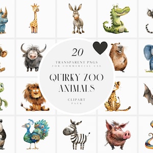 Watercolor Quirky Zoo Animals Clipart, Cute Funny Zoo Animals Clipart ...