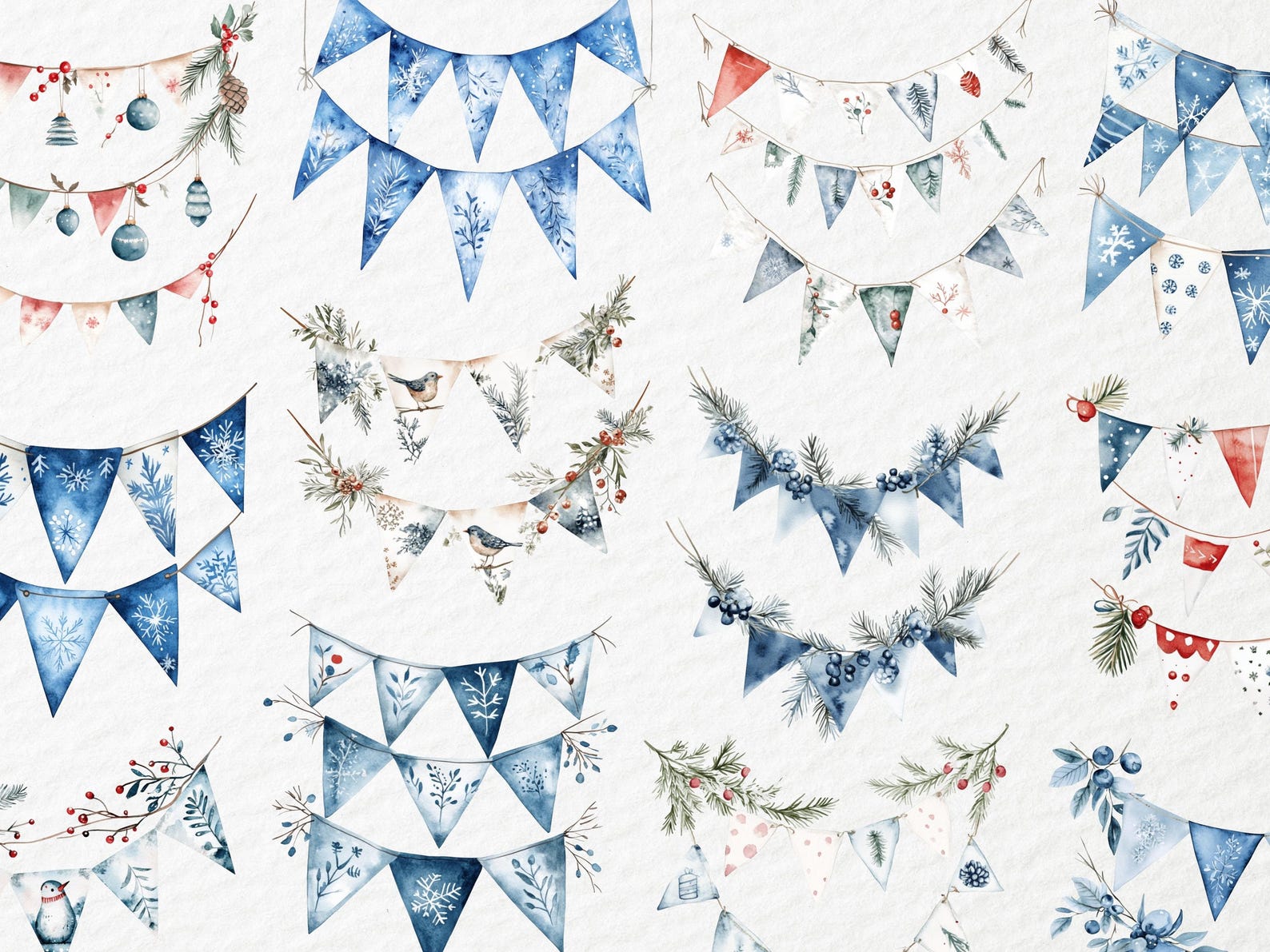 Watercolor Winter Bunting Clipart, Festive Triangle Garland Banner ...