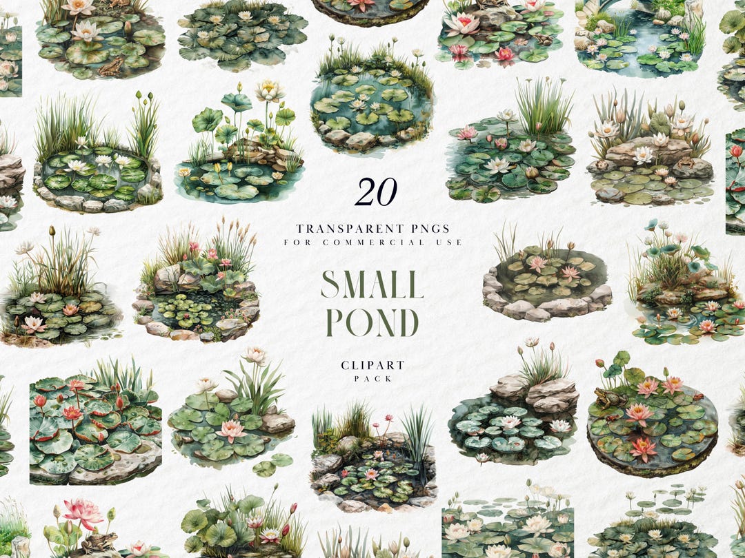 Watercolor Small Pond Clipart, Garden Frog Pond With Lily Pads and ...