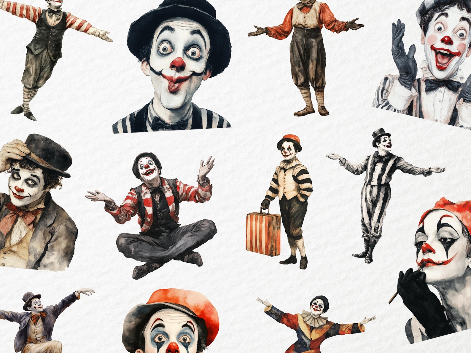 Watercolor Mime Clipart, Black and White Mime Artist, Clown ...