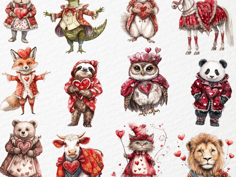 Watercolor Valentines Animals Clipart, Cute Romantic Heart, Love ...