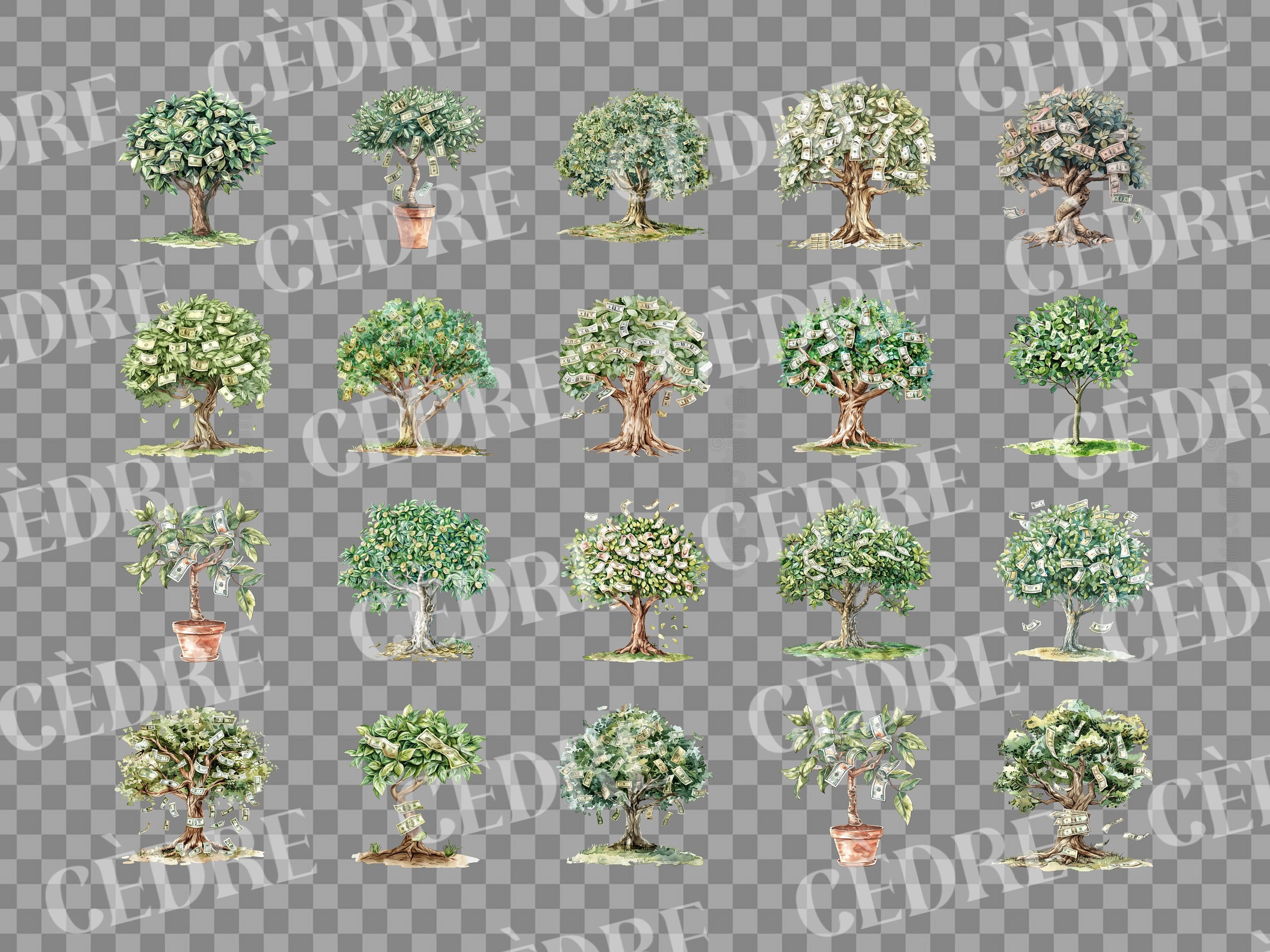 Watercolor Money Tree Clipart, Green Money Trees Clipart, Coin Cash ...