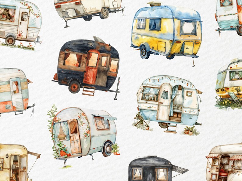 Watercolor Retro Caravan Clipart, Cozy Camper Bus, Adventure, Travel ...