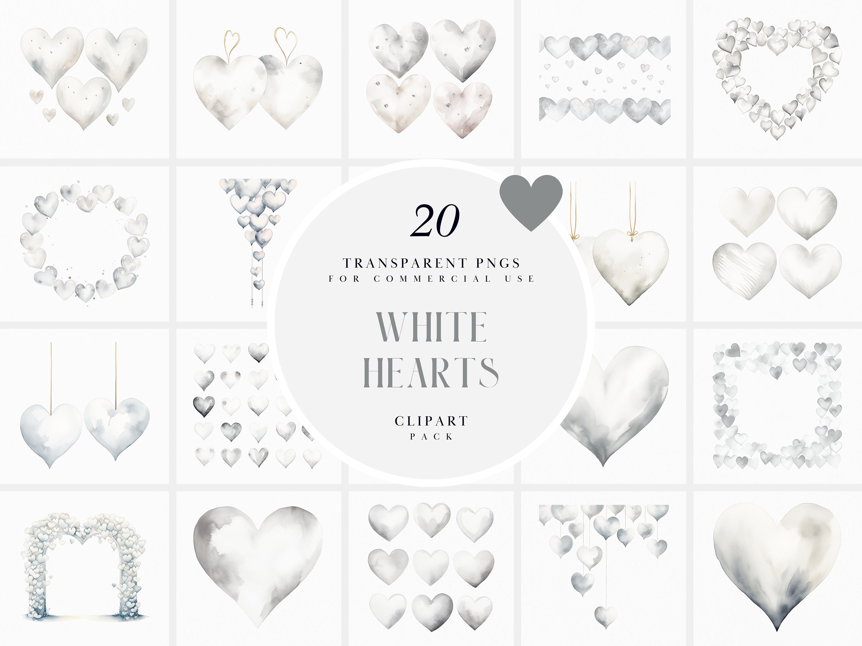 Watercolor White Hearts Clipart, White Heart Clipart, Heart Shape ...