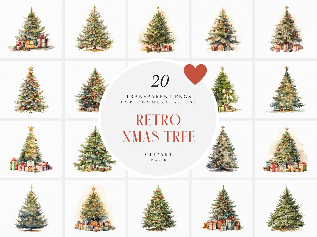 Watercolor Vintage Christmas Tree Clipart, Retro Green Christmas Trees ...