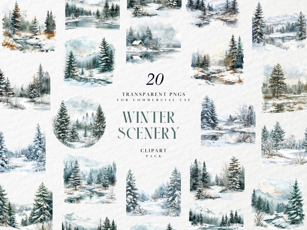 Watercolor Winter Scenery Clipart, Snowy Forest Landscape, Mountain ...