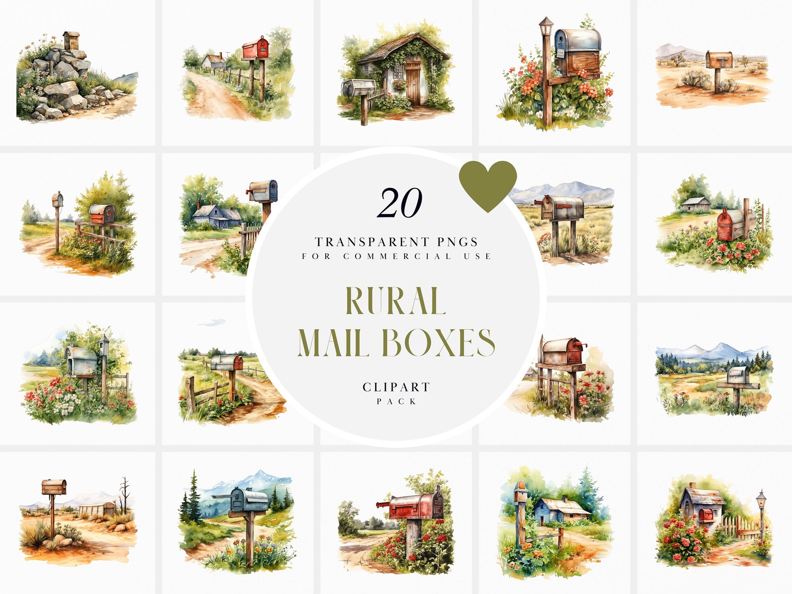 Watercolor Rural Mail Box Clipart, Countryside Mail Boxes Clipart ...