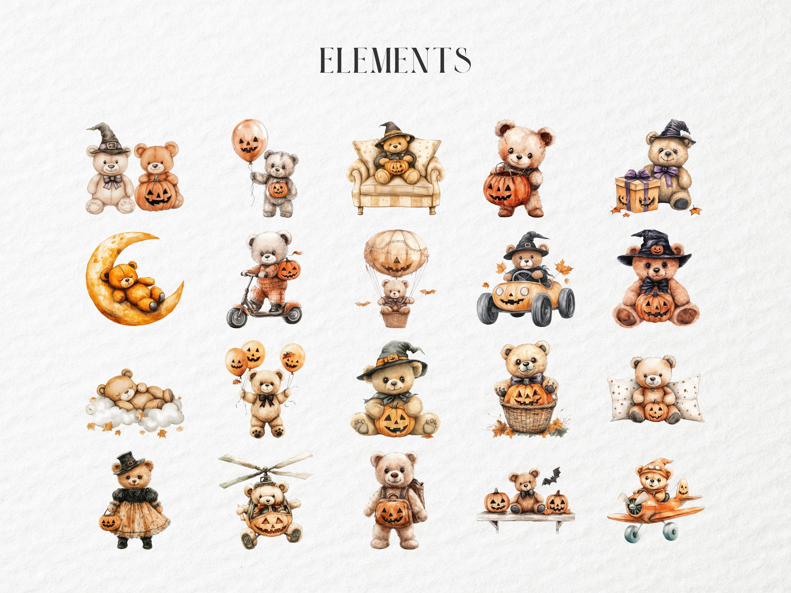 Watercolor Halloween Teddy Bear Clipart, Cute Jack O Lantern Plushy ...