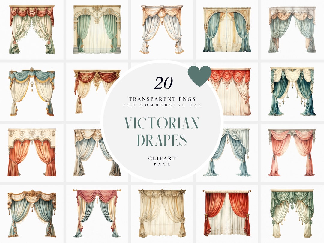 Watercolor Victorian Drapes Clipart, Retro Vintage Window Curtain ...