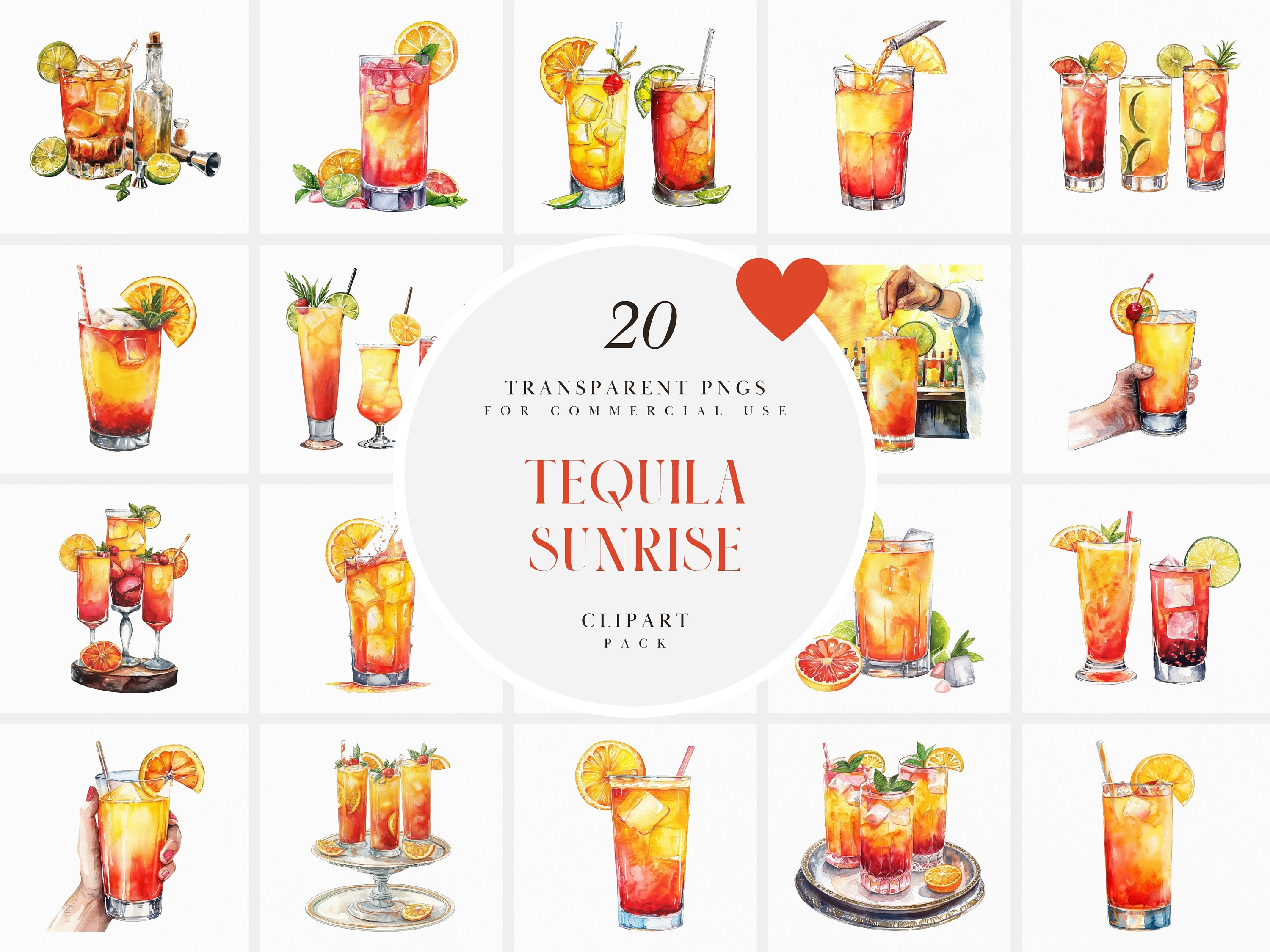 Watercolor Tequila Sunrise Cocktail Clipart, Tropical Alcoholic Drink ...