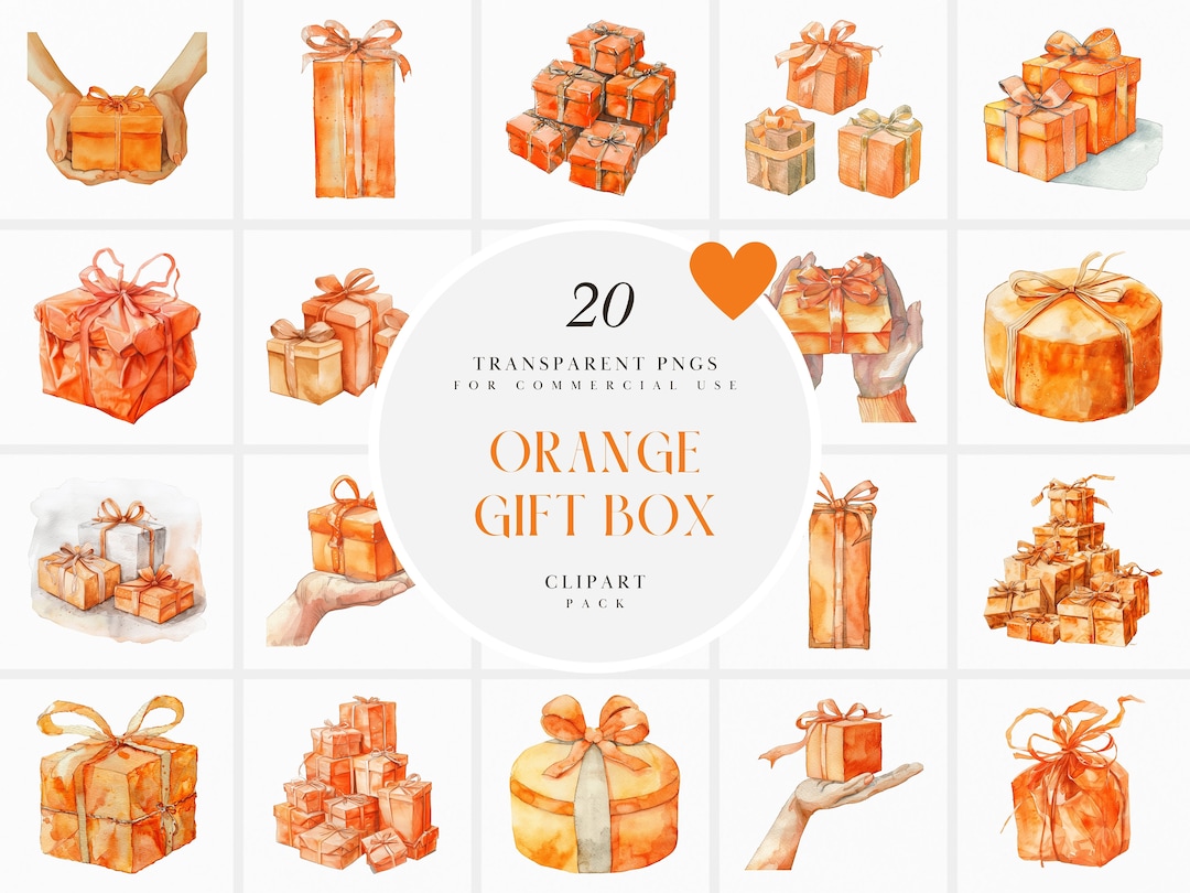 Watercolor Orange Gift Box Clipart, Orange Present Clipart, Wrapped ...