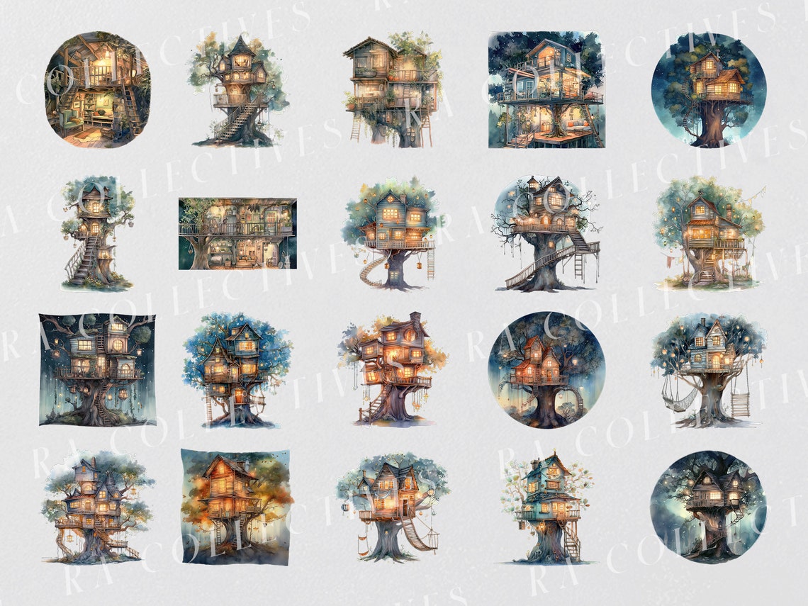 Watercolor Dark Treehouse Clipart Nighttime Treehouses - Etsy