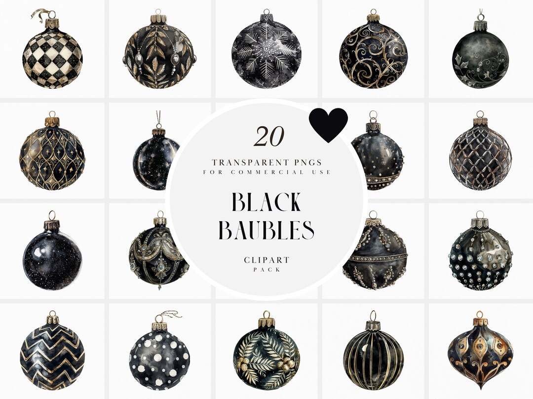 Watercolor Black Baubles, Christmas Globes, Christmas Tree Ornaments ...