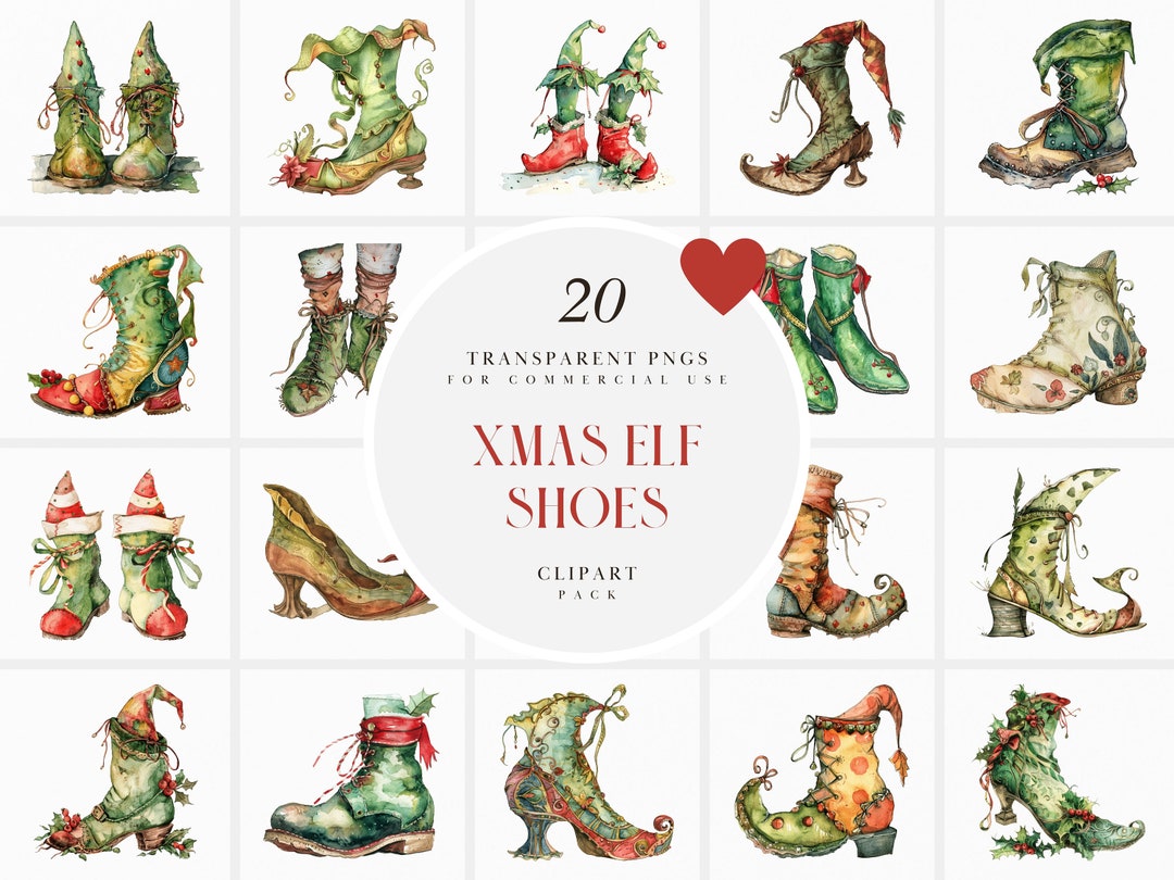 Watercolor Christmas Elf Shoes Clipart, Xmas Elves Shoe, Boots, Red and ...