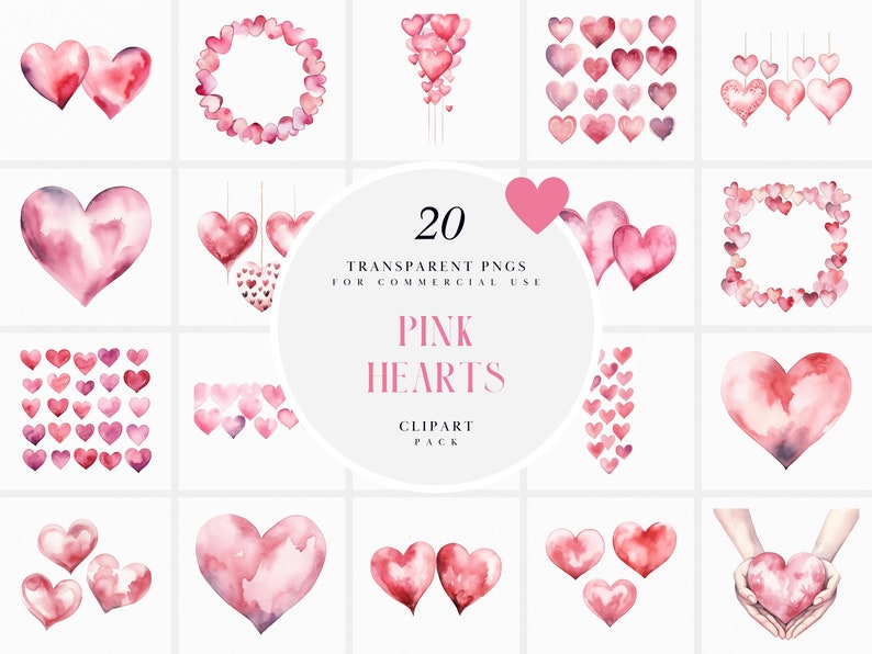 Watercolor Pink Hearts Clipart, Pink Heart Clipart, Heart Shape Clipart ...