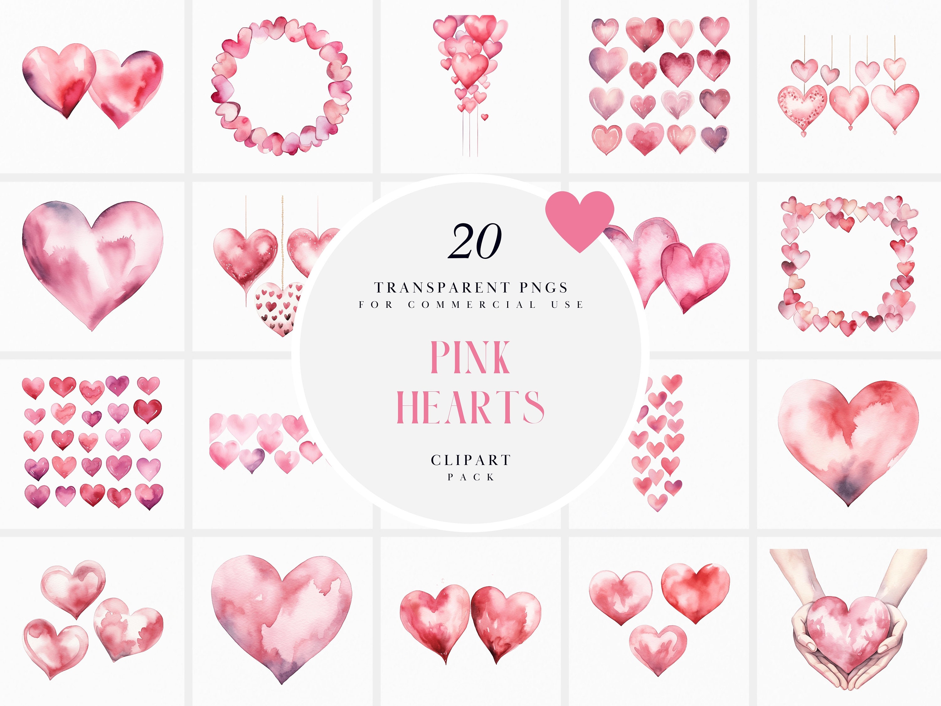 Watercolor Pink Hearts Clipart, Pink Heart Clipart, Heart Shape Clipart ...