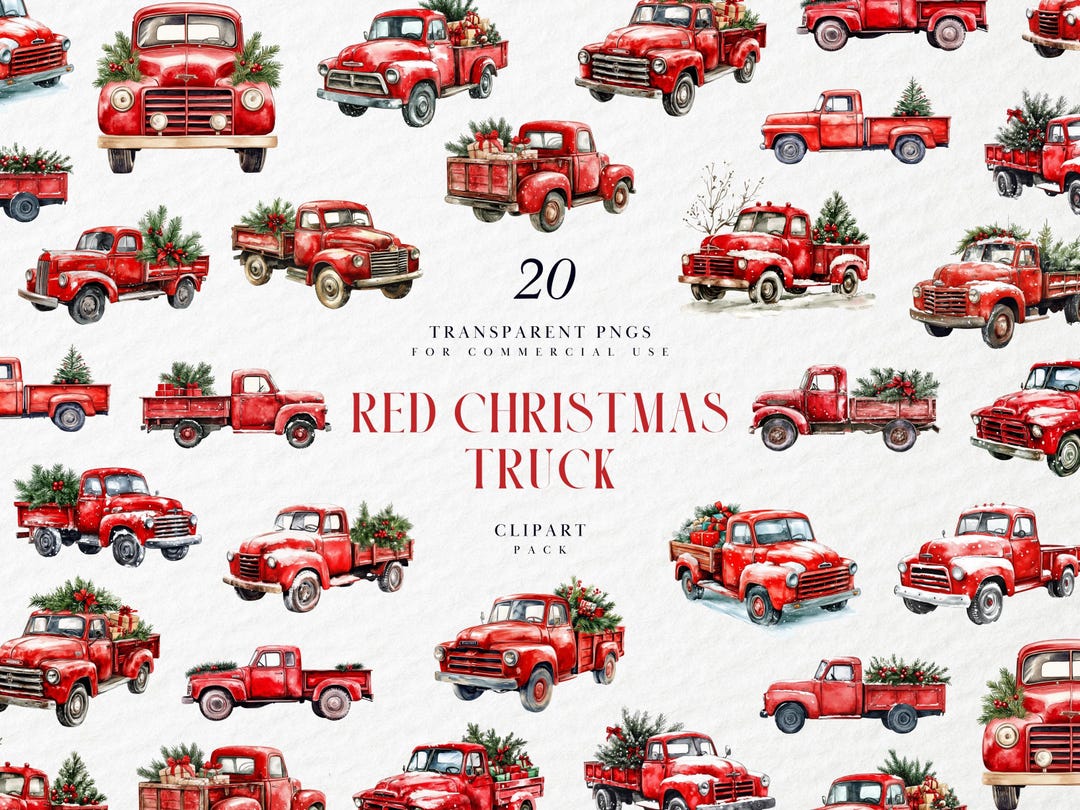 Watercolor Red Christmas Truck Clipart, Xmas Pickup Truck, Classic Farm ...