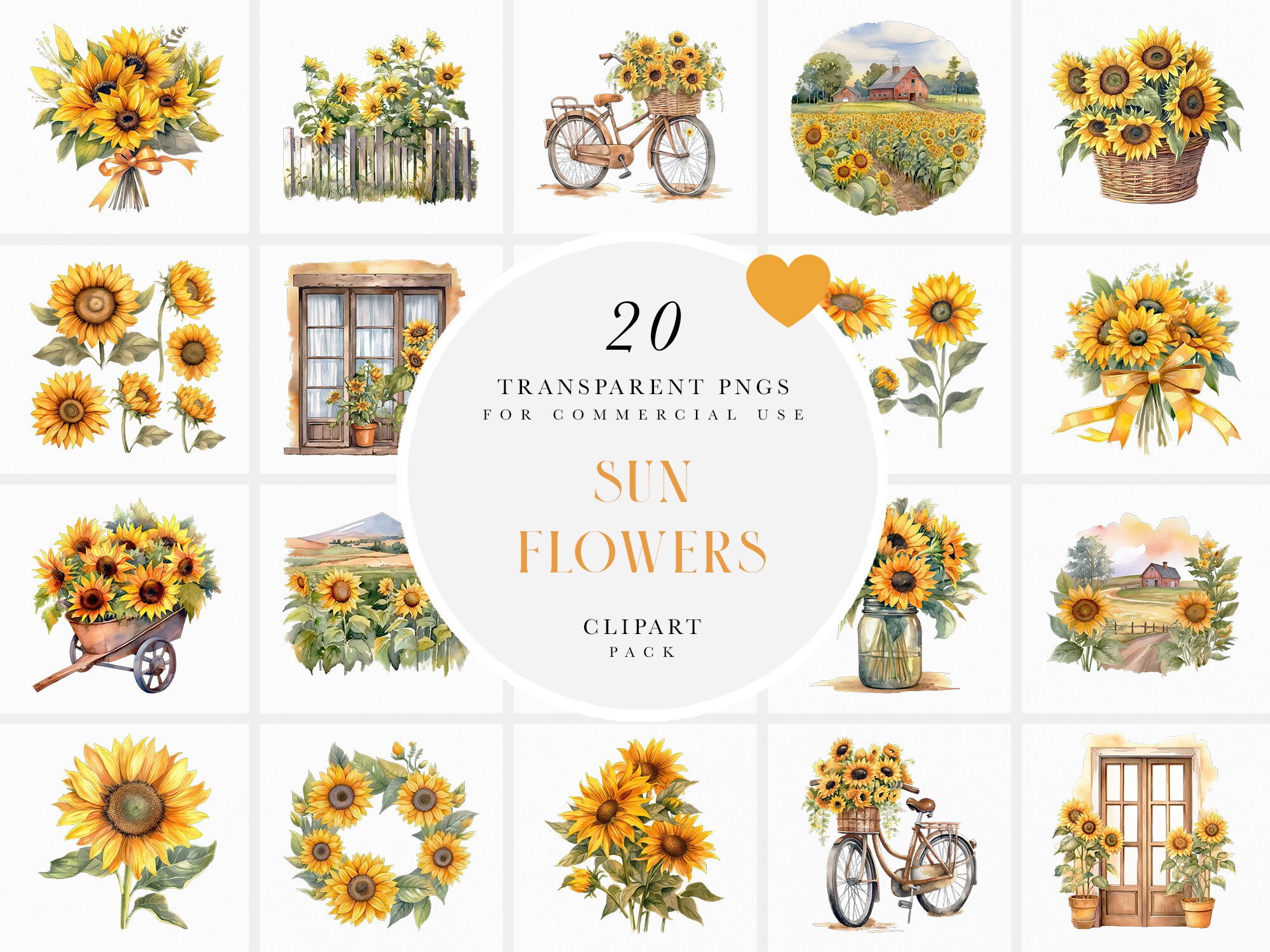 Watercolor Sunflowers Clipart Autumn Yellow Floral Bouquet - Etsy