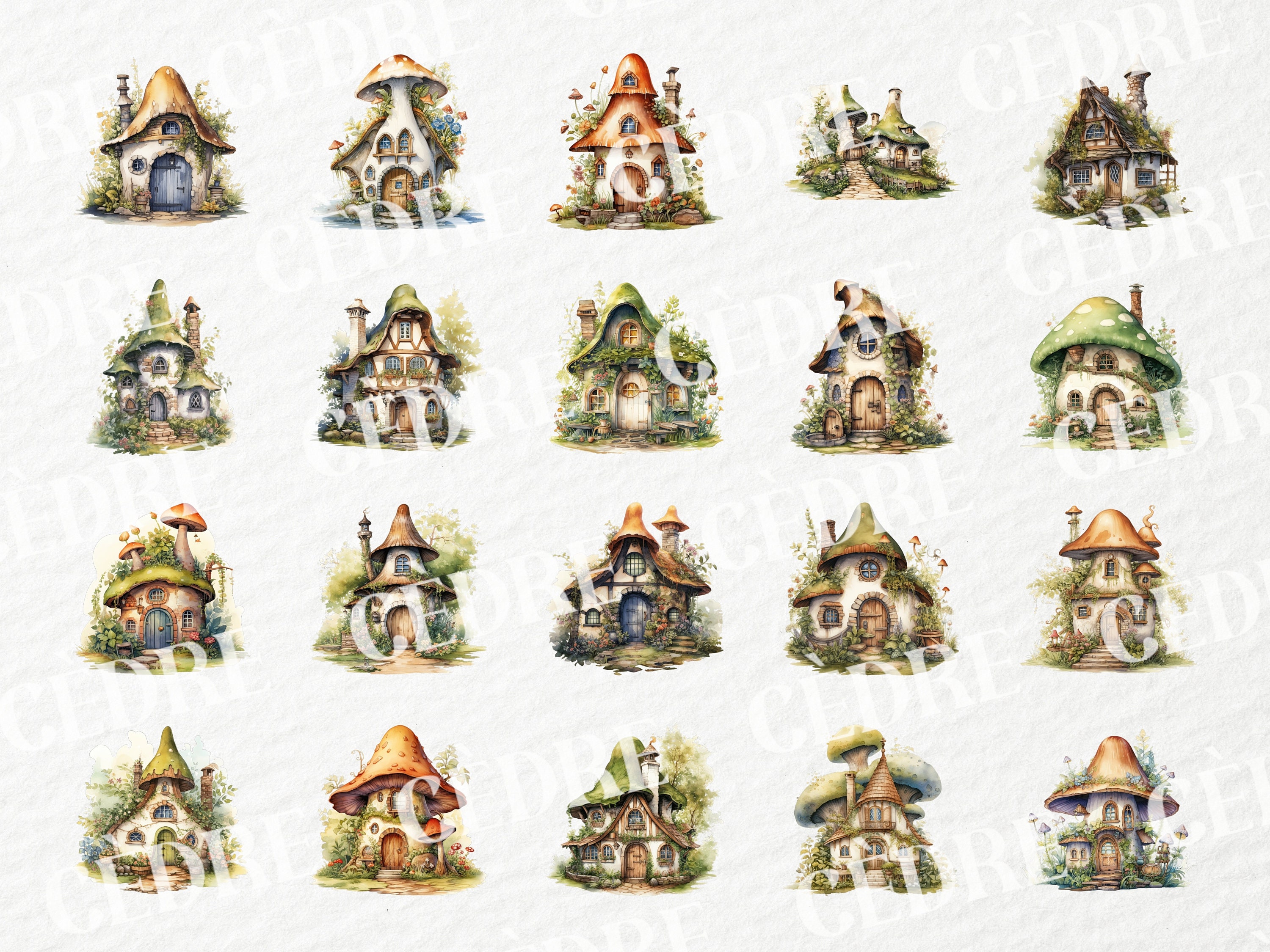 Watercolor Pixie Cottage Clipart, Pixie Cabin Clipart, Whimsical Pixie Cabins, Cute Fantasy ...