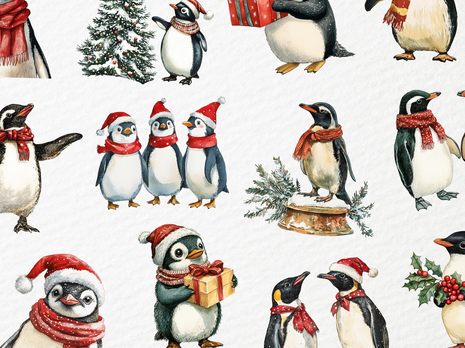 Watercolor Christmas Penguins Clipart, Cute Kids Illustration, Xmas ...