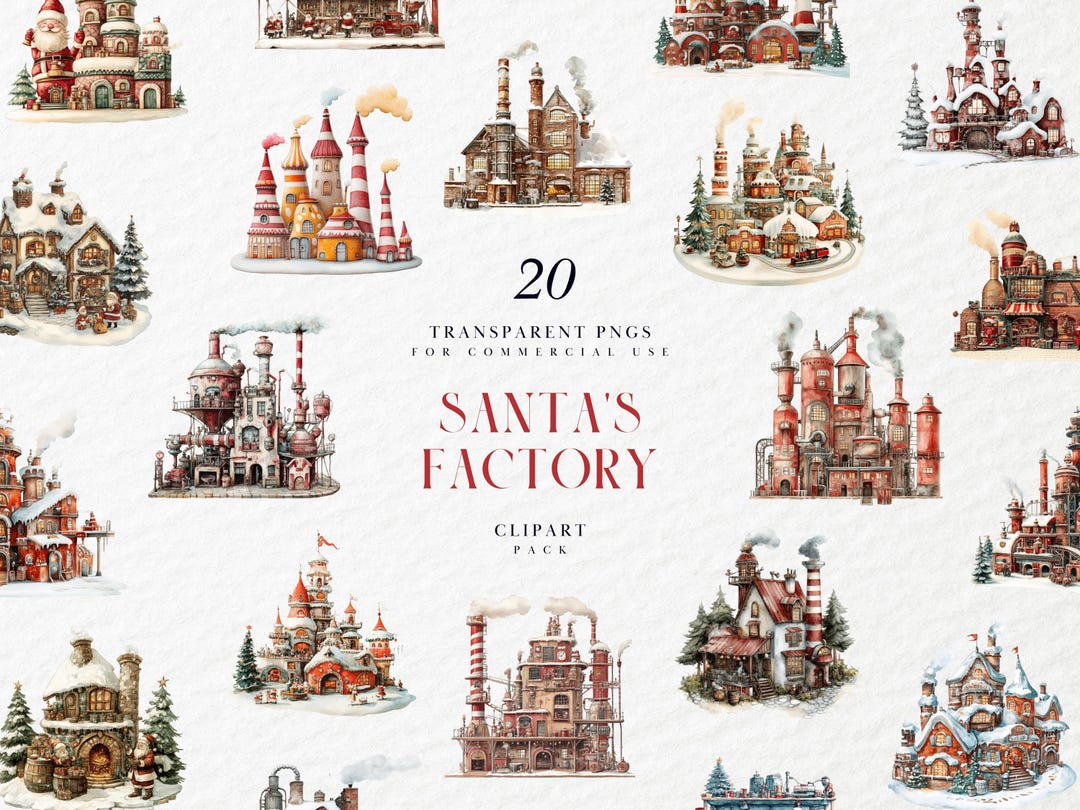 Watercolor Santa's Factory Clipart, Christmas Gift Making Workshop ...