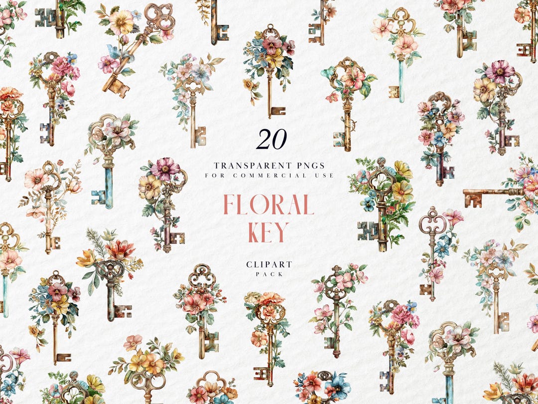 Watercolor Victorian Floral Key Clipart, Retro Key to the City ...