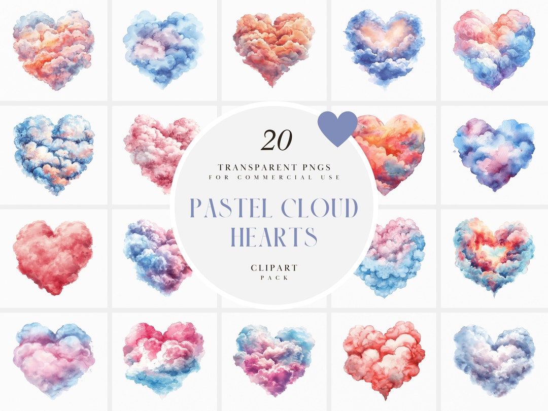 Watercolor Pastel Cloud Heart Clipart, Valentines, Love, Romantic ...