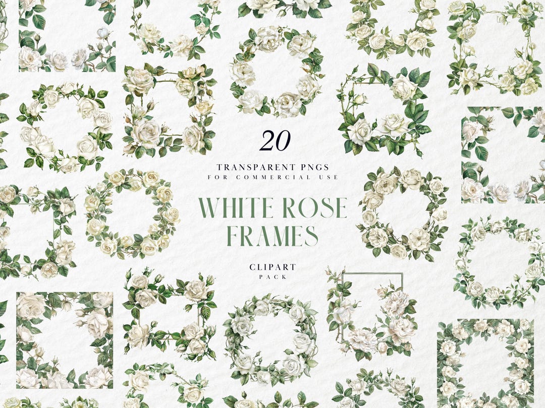 Watercolor White Rose Round Frame Clipart, White Rose Square Frame ...
