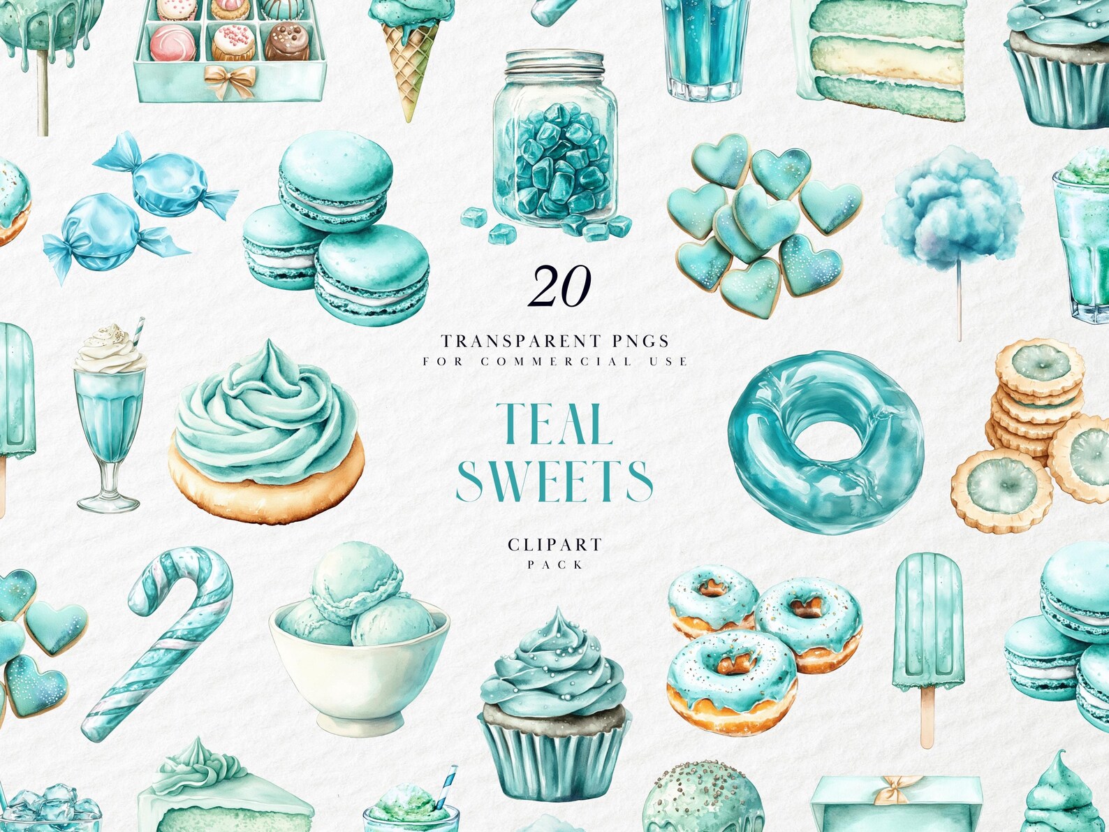 Watercolor Teal Sweets Clipart, Pastel Dessert Icons, Candy Treats for ...