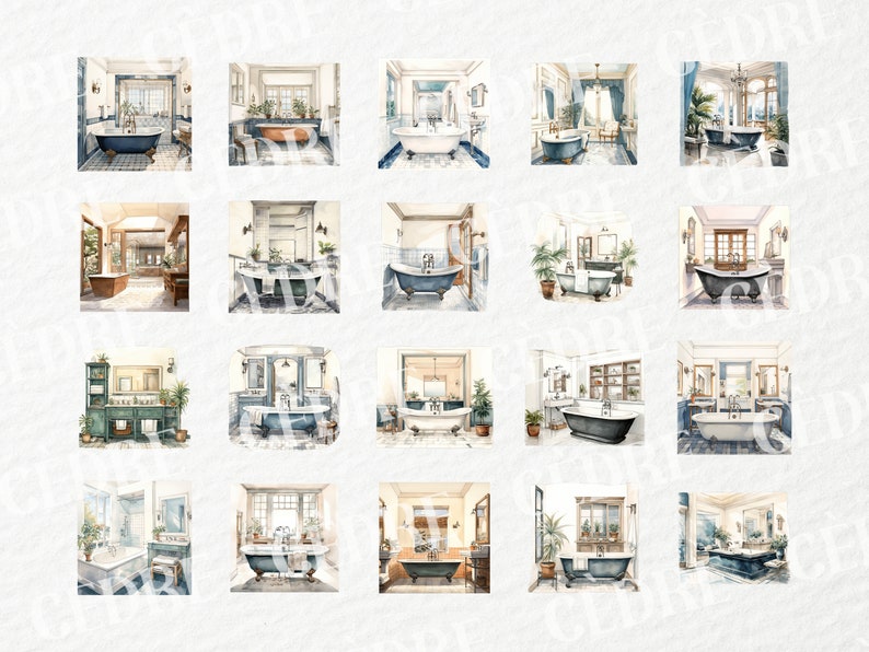 Watercolor Modern Bathroom Clipart, Sleek Bathroom Clipart, Home Clean ...