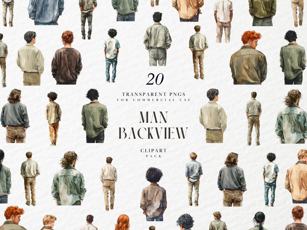 Watercolor Man Back View Clipart, Modern Gentleman Portrait, Facing ...