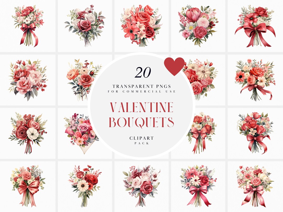Watercolor Valentines Bouquet Clipart, Valentine Flowers Clipart, Red ...