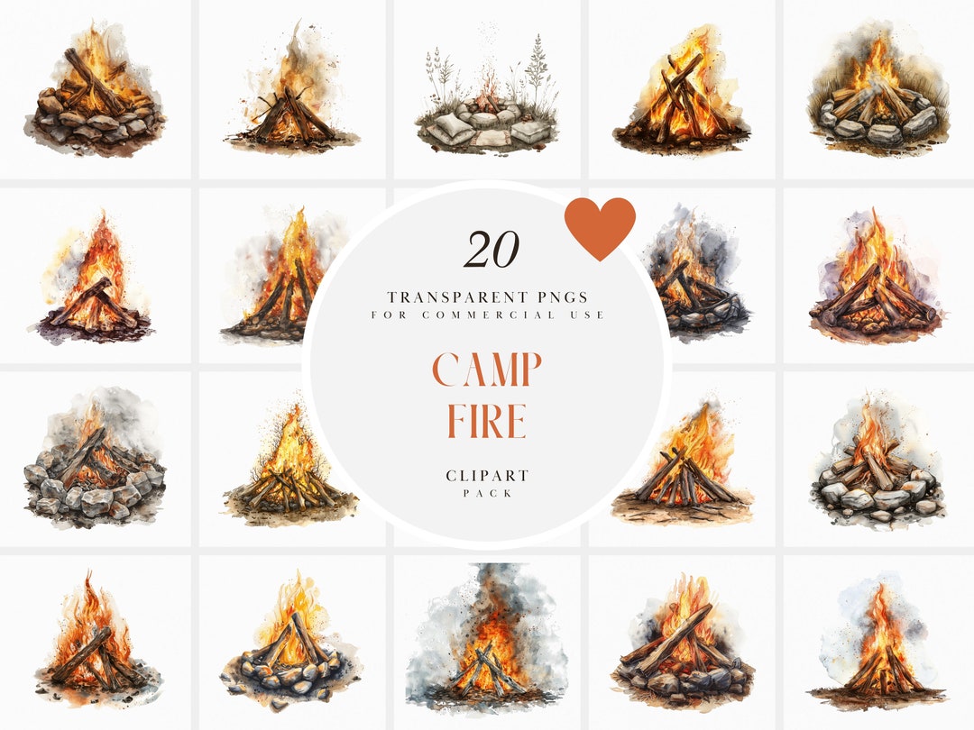 Watercolor Camp Fire Clipart, Bonfire Clipart, Flames, Camping, Mid ...