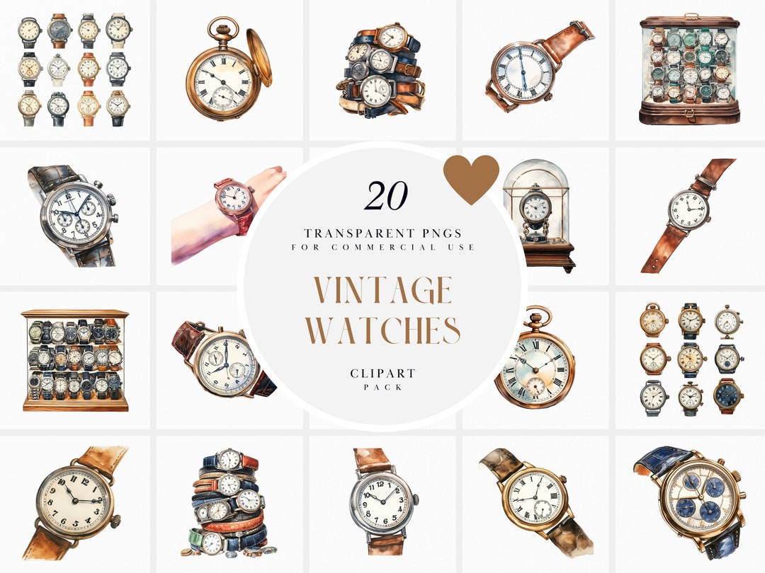 Watercolor Vintage Watch Clipart, Womens Mens Hand Watch Clipart, Brown ...