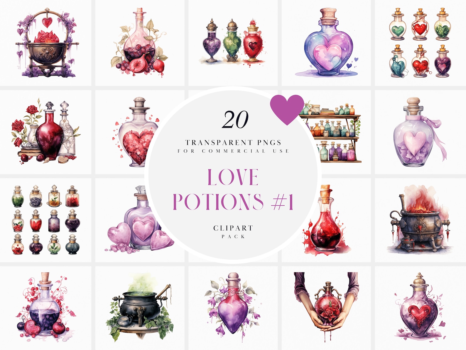 Watercolor Love Potion Clipart, Magical Love Potions Clipart ...