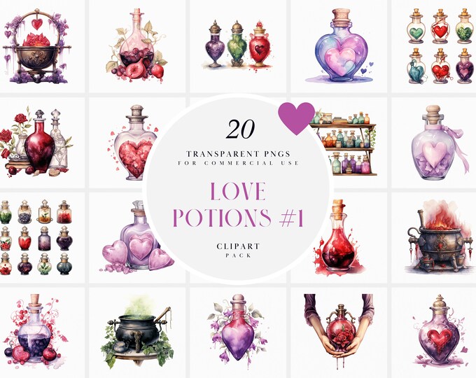 Love Potion Bottle Clipart, Set of 16 PNG Bundle, Watercolor Clip Art ...