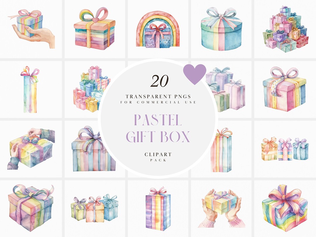 Watercolor Rainbow Gift Box Clipart, Pastel Present Clipart, Wrapped ...
