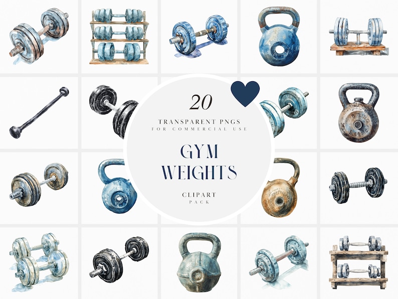 Watercolor GYM Weights Clipart, Dumbbells, Barbells, Plate, Kettlebells ...