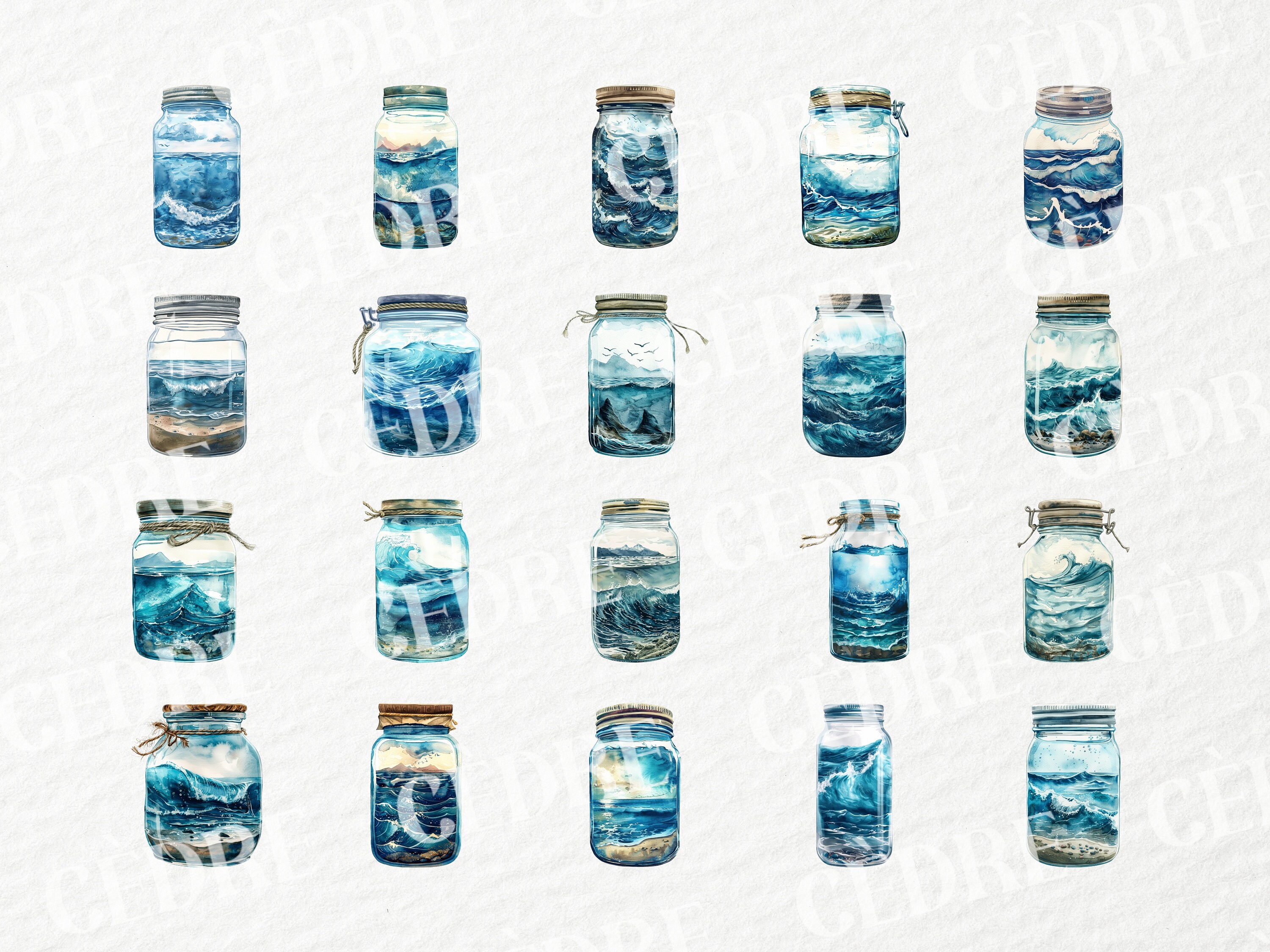 Watercolor Ocean in Jar Clipart, Ocean Water Jar Clipart, Nautical ...
