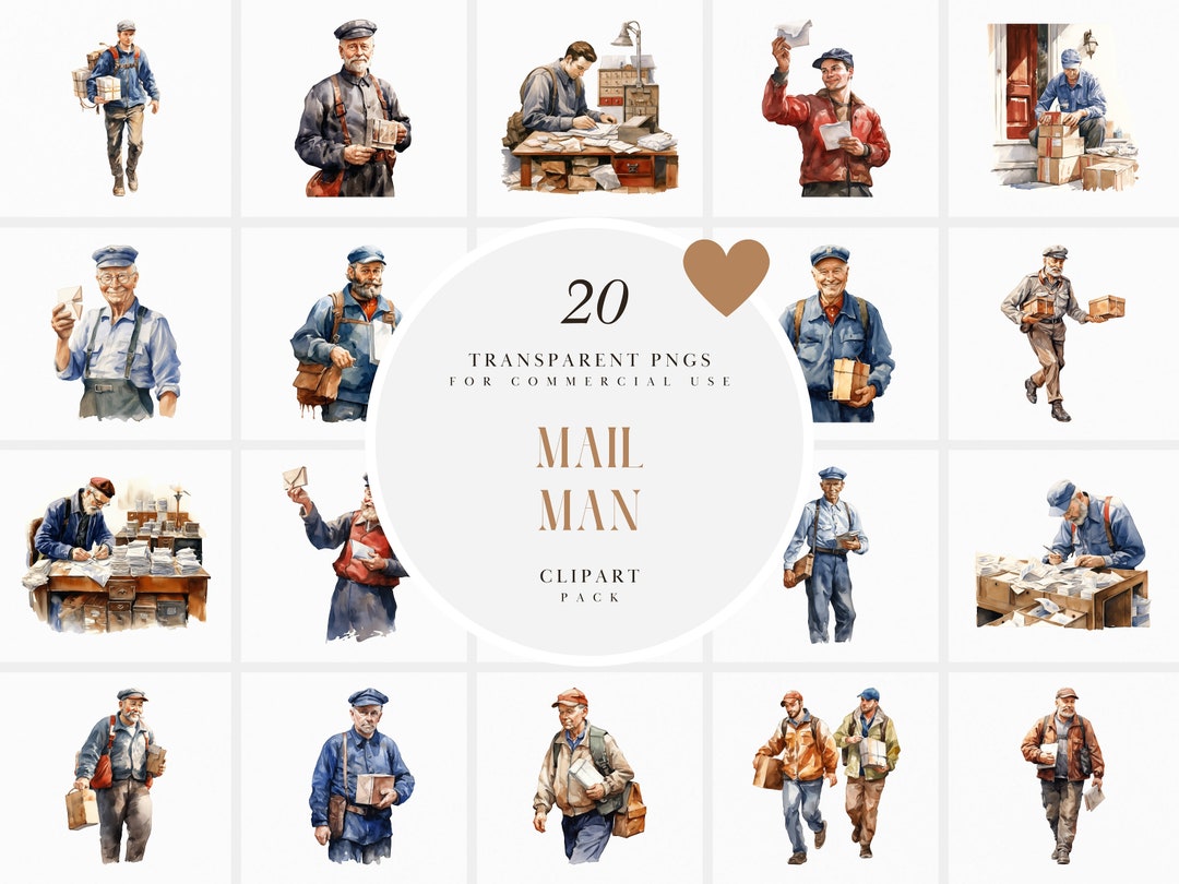 Watercolor Mail Man Clipart, Post Office Worker Clipart, Package ...