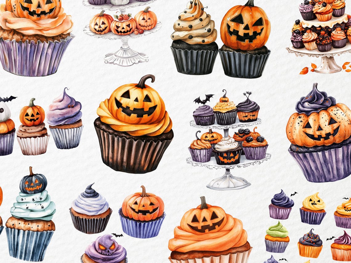 Watercolor Halloween Cupcakes Clipart, Halloween Cupcake Clipart, Trick ...