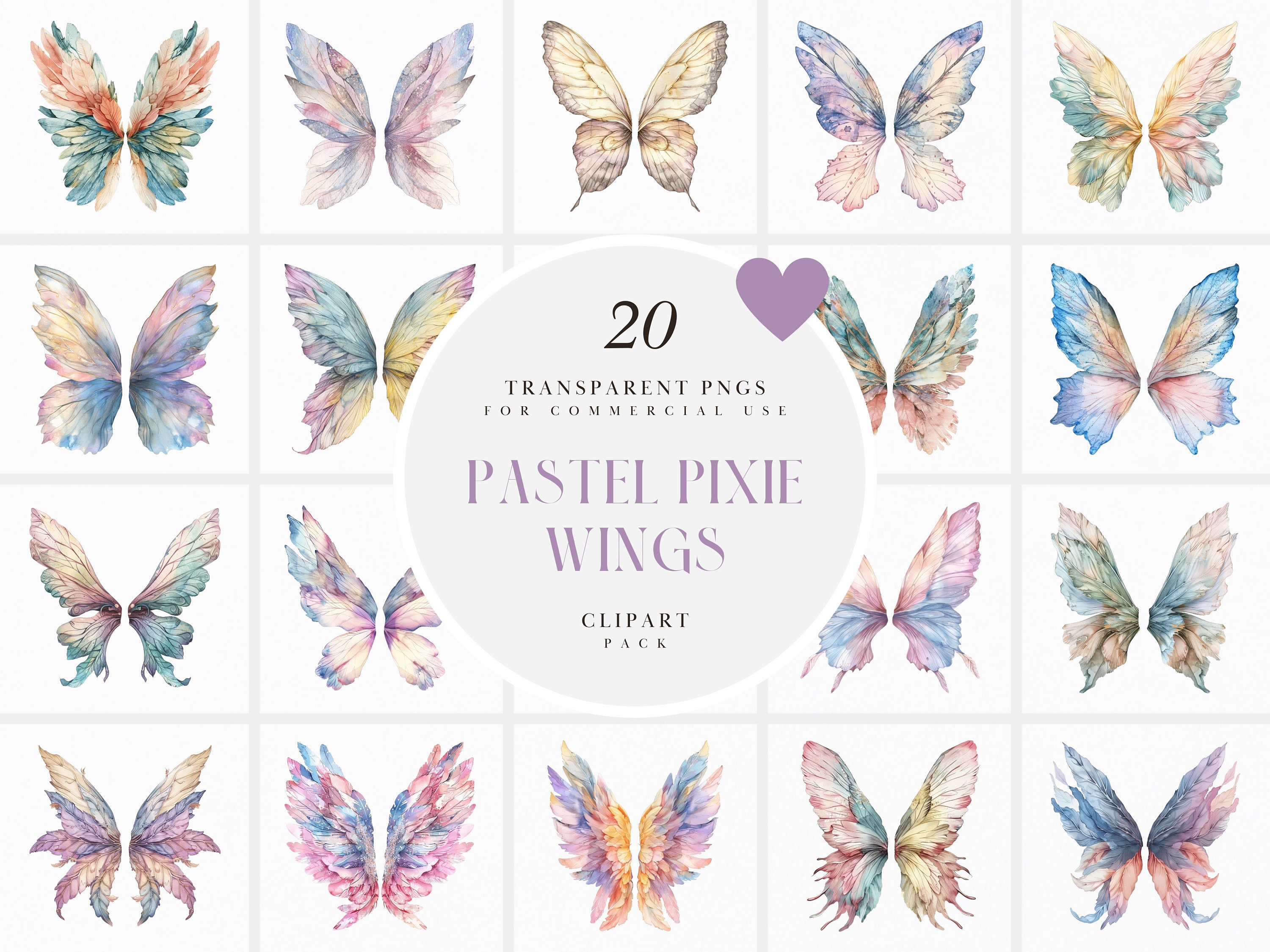 Watercolor Pastel Pixie Wings Clipart, Beautiful Fairy Wings, Pretty ...