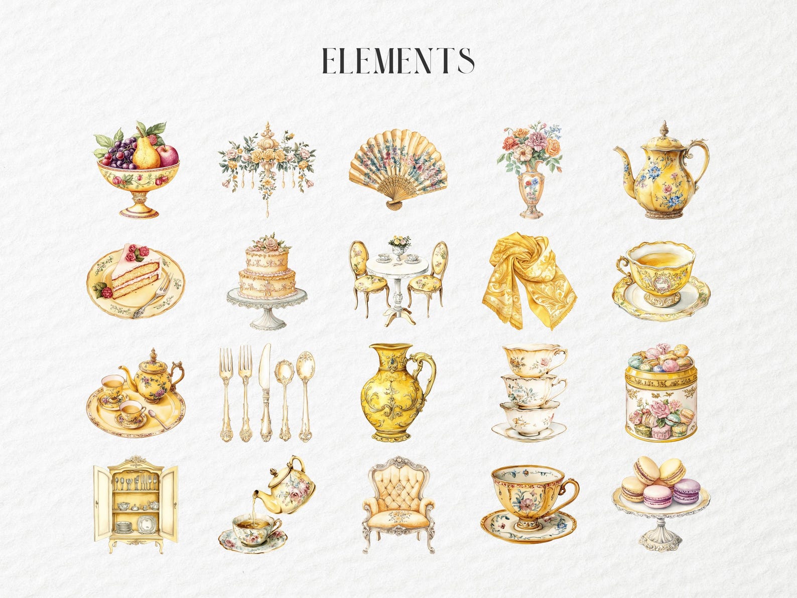 Watercolor Yellow Tea Party Clipart, Vintage Floral Teacups & Cake ...