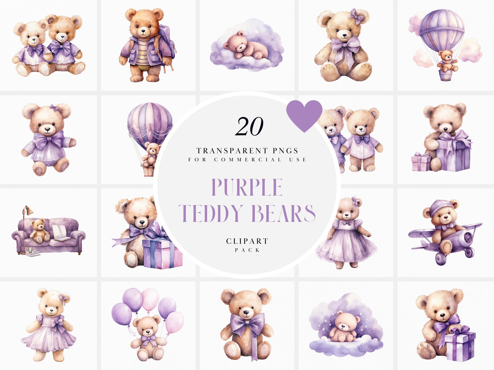 Watercolor Purple Teddy Bears Clipart, Purple Nursery Teddy Bear ...
