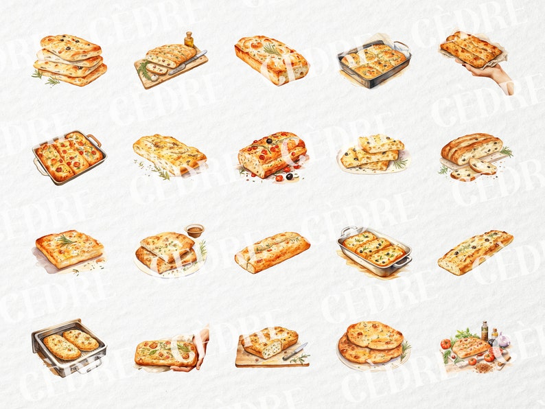 Watercolor Focaccia Clipart, Warm Italian Focaccia Bread Clipart, Fresh ...