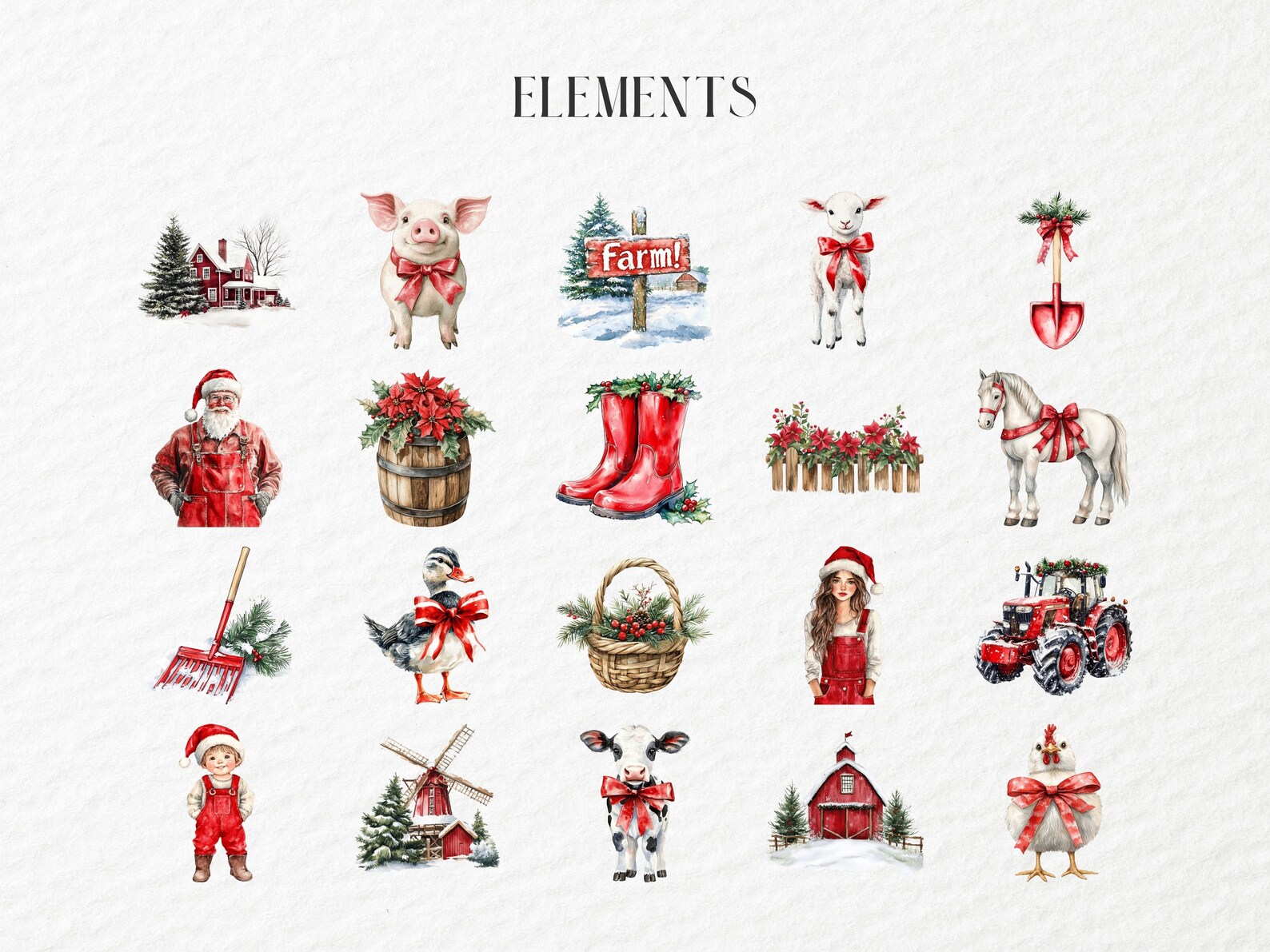 Watercolor Christmas Farm Clipart, Rustic Holiday Barn Scene, Festive ...