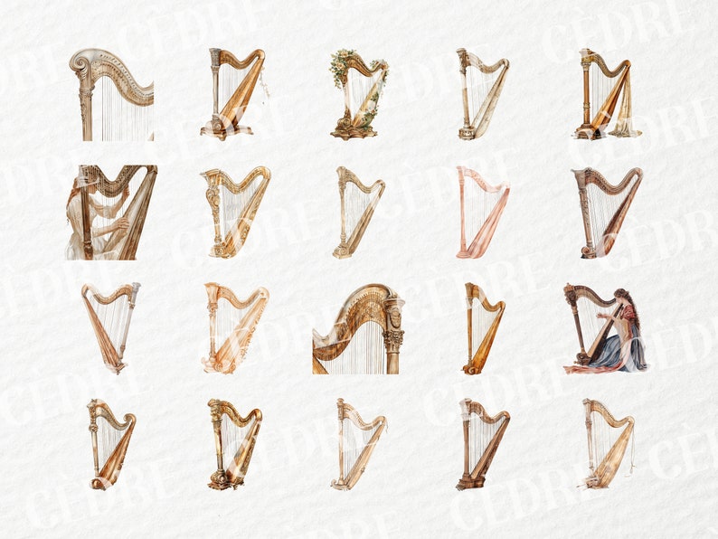 Watercolor Harp Clipart, Classic Harps Clipart, Musical String ...