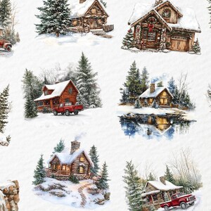 Watercolor Christmas Cabin Clipart, Cozy Log Cabins Clipart Xmas Wood ...
