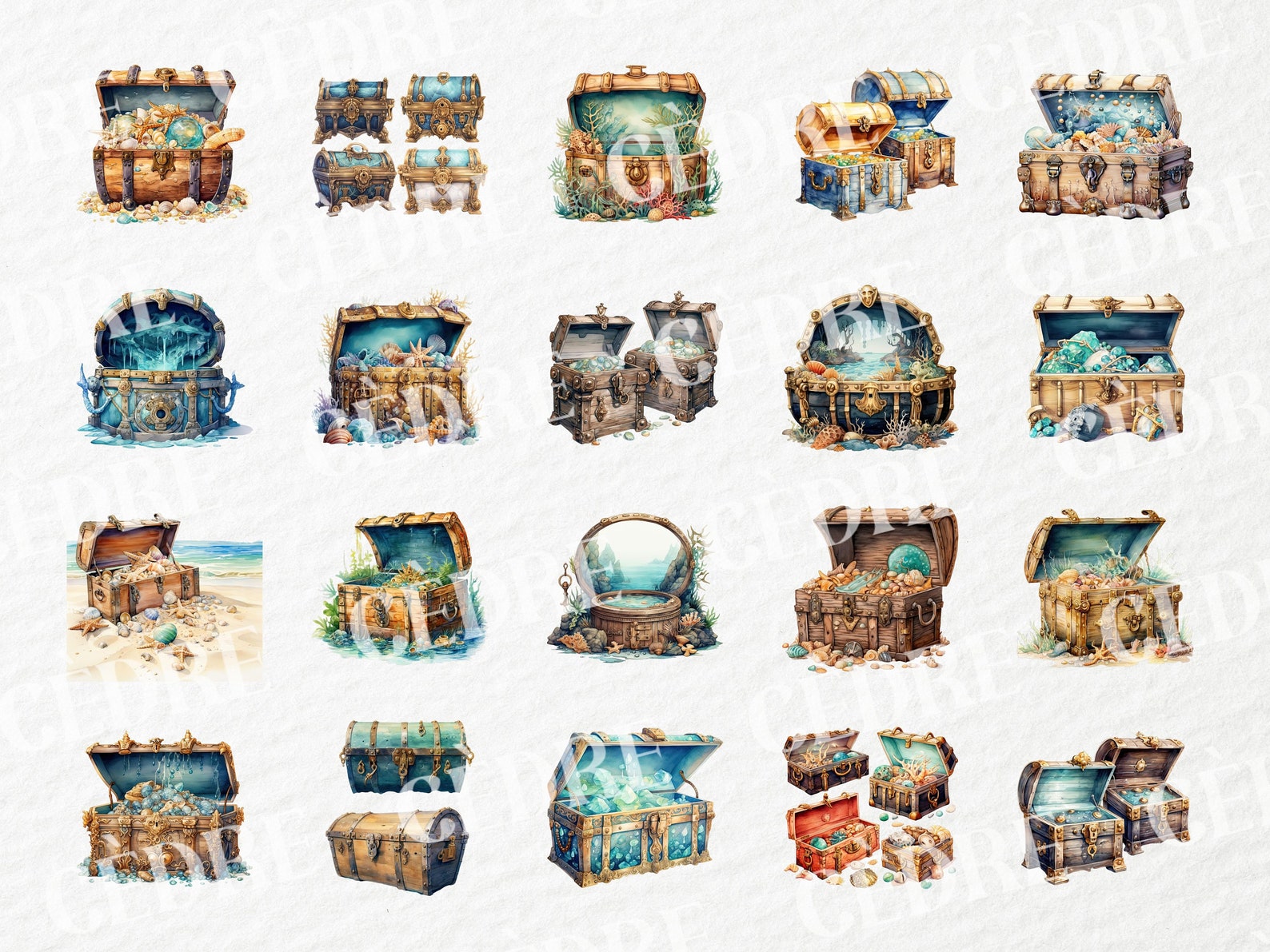 Watercolor Lost Ocean Treasure Clipart, Magical Ocean Treasure Chest ...
